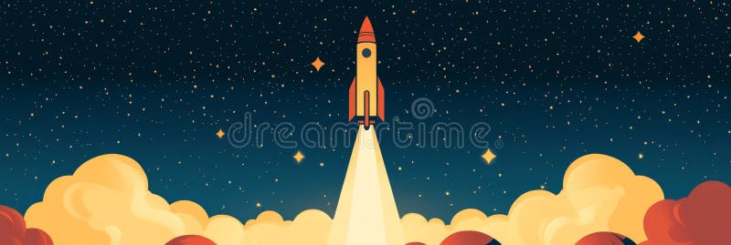 Vintage-style Rocket Launching into a Star-filled Sky with Space for ...