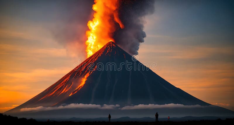 A Large Volcano Erupting with Lava Flowing Down Its Side. the Sun is ...