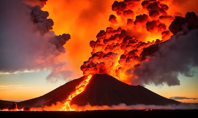 A Large Volcano Erupting with Lava Flowing Down Its Sides. the Sky is ...