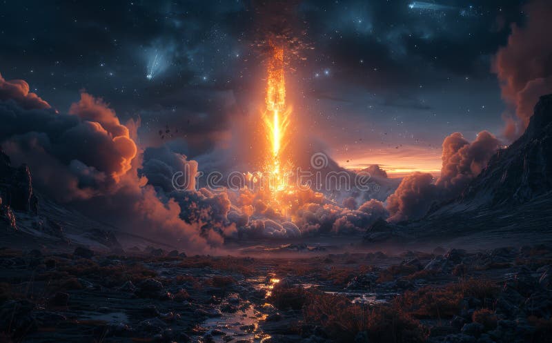 Large Volcano Erupts Sending Plume of Smoke and Ash into the Sky. Stock ...