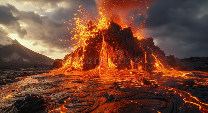 A Large Volcano Spewing Hot Lava and Gases into the Atmosphere on a ...