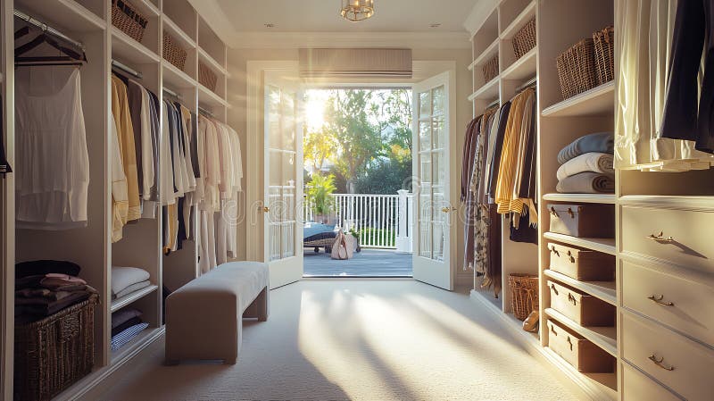 A Large Walk in Closet with a Bench and a Window Stock Photo - Image of ...