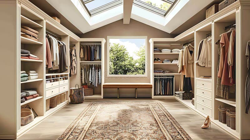 A Large Walk in Closet with a Bench and a Window Stock Illustration ...