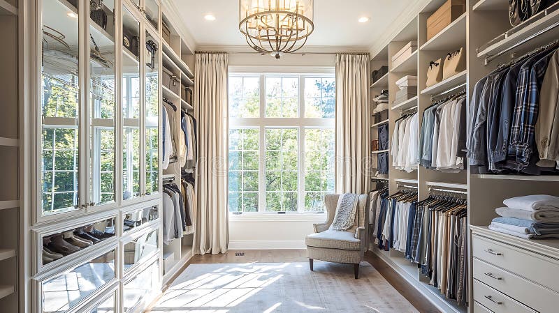 A Large Walk in Closet with a Chair and a Window Stock Image - Image of ...