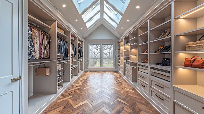 A Large Walk-in Closet with a Lot of Shelves and a Window Stock Photo ...