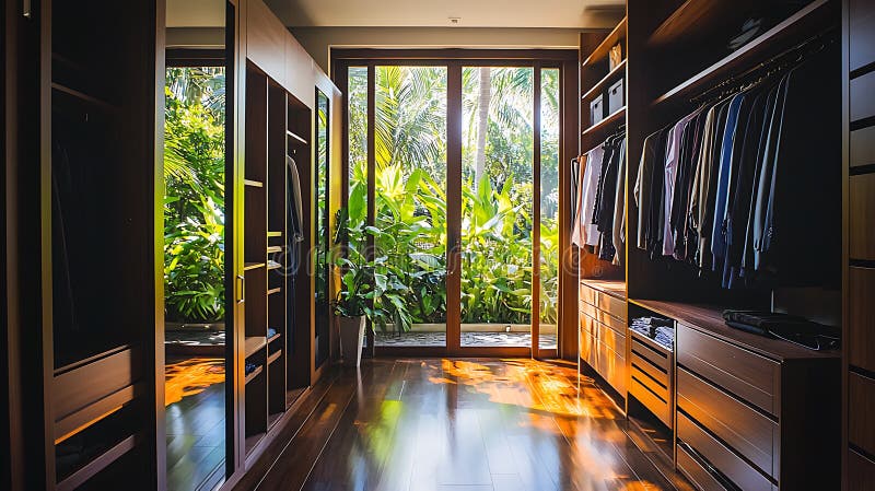 A Large Walk in Closet with a Plant in the Corner Stock Photo - Image ...
