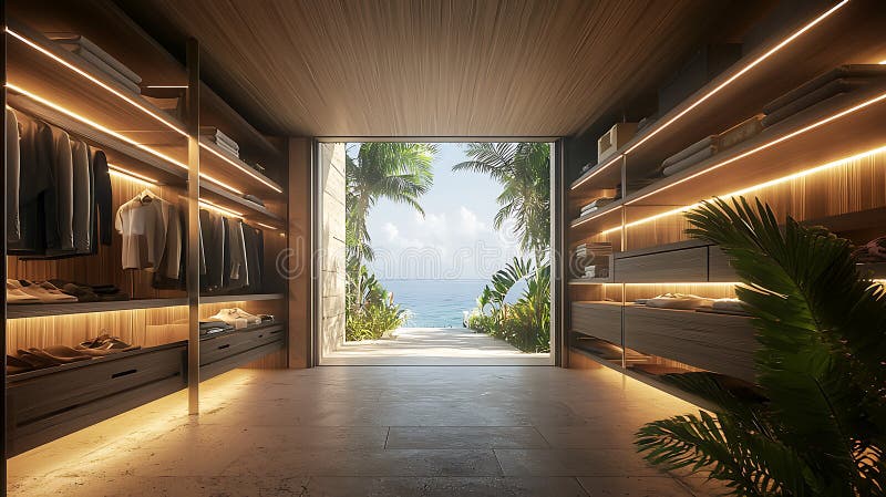 A Large Walk in Closet with a View of the Ocean Stock Photo - Image of ...