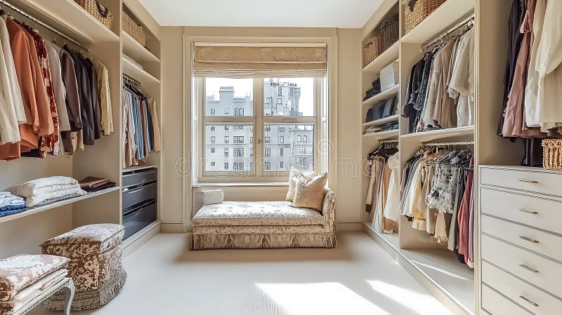 A Large Walk in Closet with a White Couch and a Window Stock Photo ...