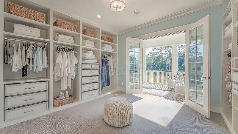 A Large Walk in Closet with a White Door and a Window Stock Image ...