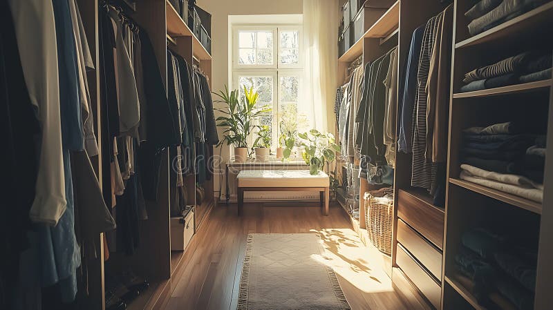 A Large Walk in Closet with a Window and a Plant Stock Image - Image of ...