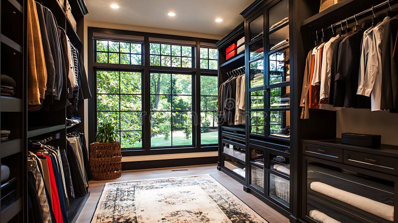 A Large Walk in Closet with a Window and a Plant Stock Image - Image of ...