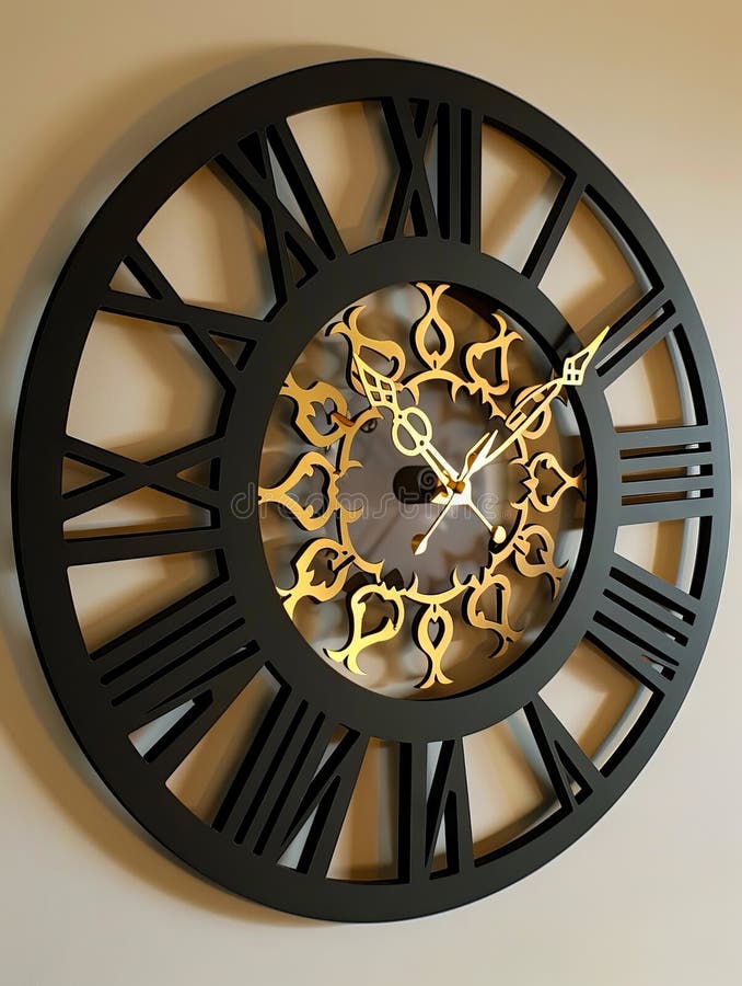 A Large Wall Clock with Roman Numerals and Gold Accents Stock Photo ...