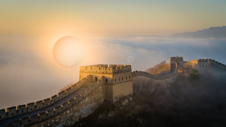 Large Walled City with a Large Sun in the Sky Stock Image - Image of ...