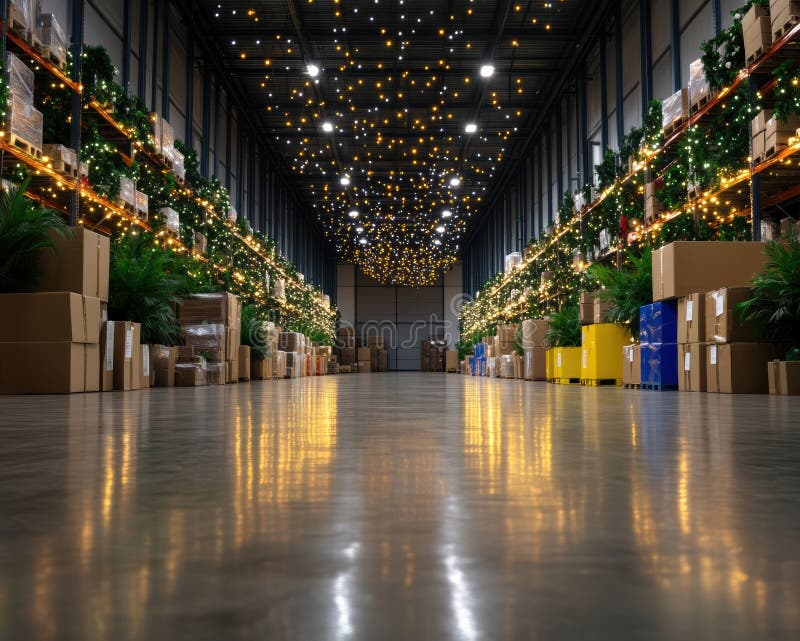 Large Warehouse Adorned with Festive String Lights and Greenery ...