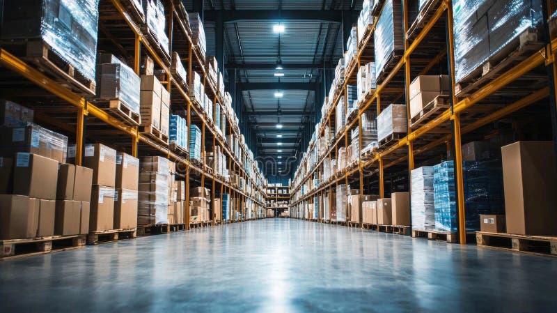Large Warehouse Aisle Filled with Shelves of Boxes Stock Photo - Image ...