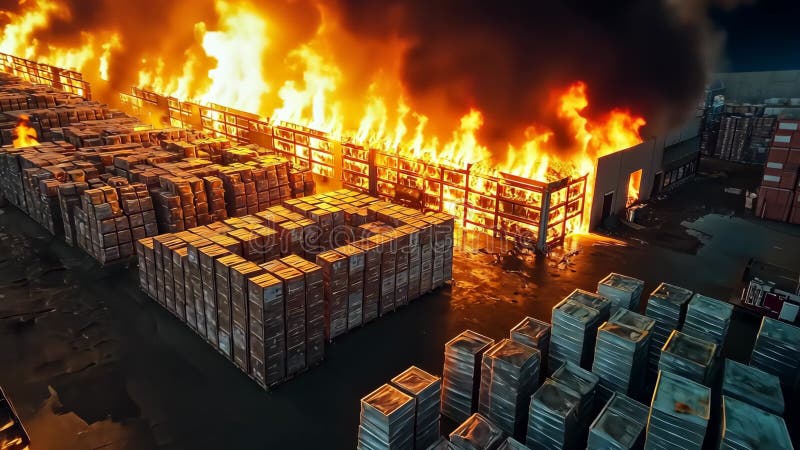 A Large Warehouse Burning in Flames, with Stacks of Goods Catching Fire ...