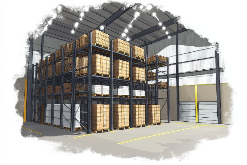 A Large Warehouse Contains Many Boxes and Shelves Full of Items Stock ...