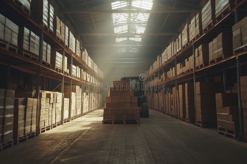 A Large Warehouse Contains Many Boxes and Shelves Full of Items Stock ...