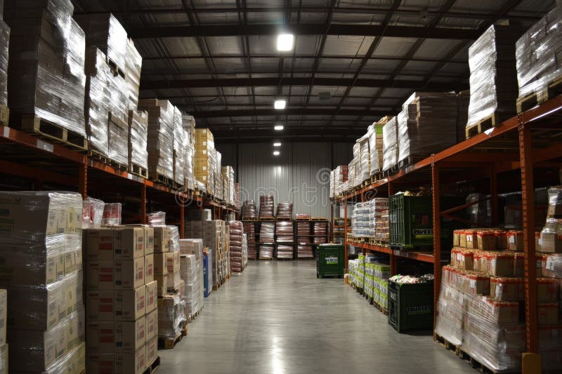 A Large Warehouse Contains Many Boxes and Shelves Full of Items Stock ...