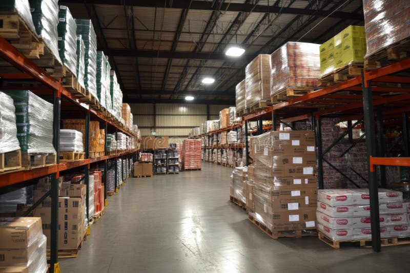 A Large Warehouse Contains Many Boxes and Shelves Full of Items Stock ...