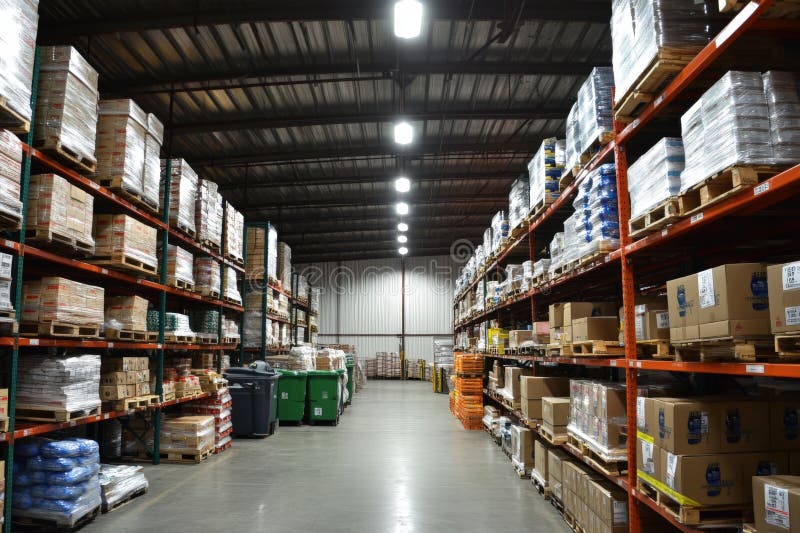 A Large Warehouse Contains Many Boxes and Shelves Full of Items Stock ...