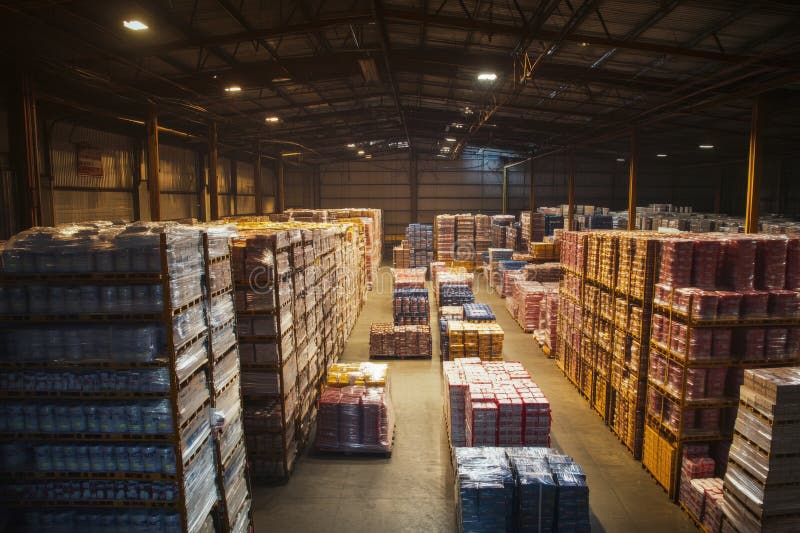 A Large Warehouse Contains Many Boxes and Shelves Full of Items Stock ...