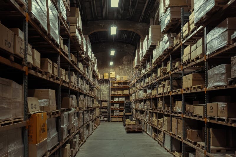 A Large Warehouse Contains Many Boxes and Shelves Full of Items Stock ...