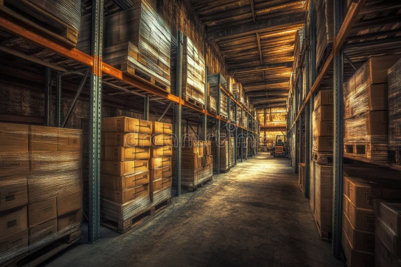 A Large Warehouse Contains Many Boxes and Shelves Full of Items Stock ...