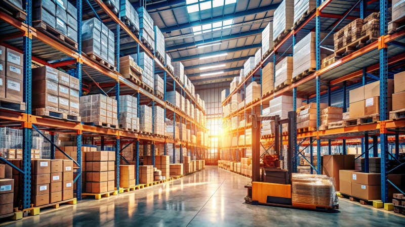 A Large Warehouse with Different Cardboard Boxes, Large Windows Stock ...