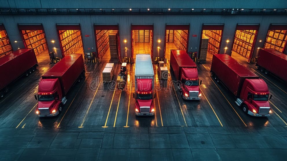 Large Warehouse Distribution Center with Multiple Trucks Loading and ...