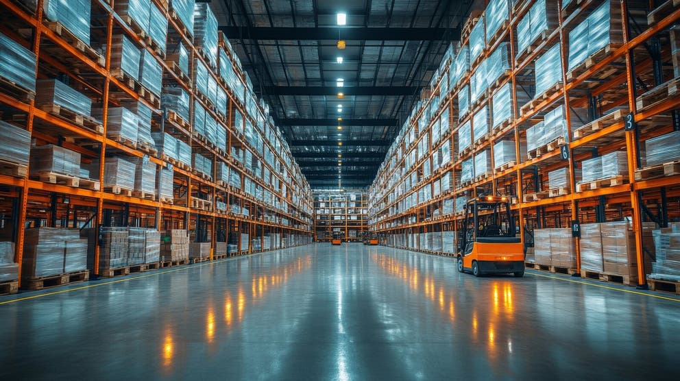 Large Warehouse Facility Features Organized Storage of Pallets for ...