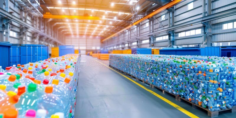 A Large Warehouse Facility with Rows of Stacked Plastic Bottles Stock ...