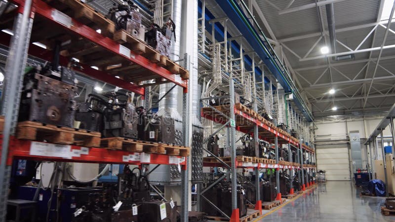 Large Warehouse, Factory, Boxes, Shelf. Machine Work and Vehicle ...