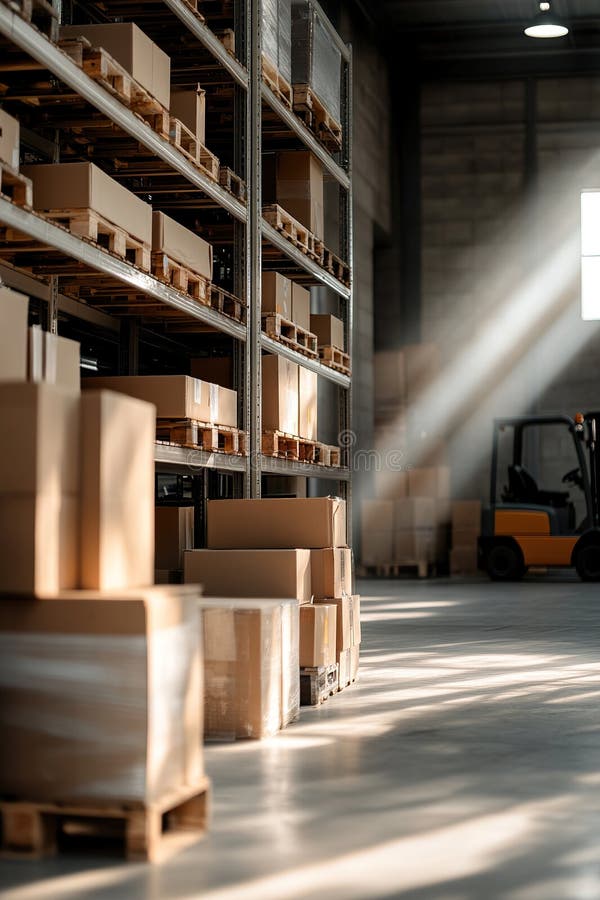 A Large Warehouse Features Rows of Shelves Stacked with Boxes. Sunlight ...