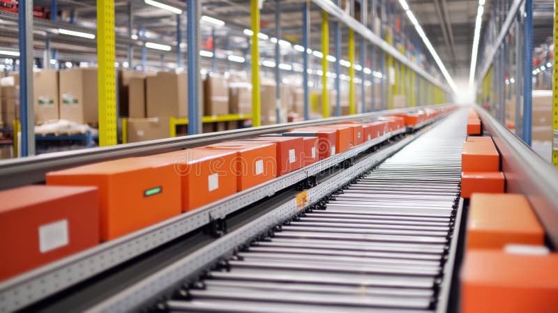 A Large Warehouse Featuring a Conveyor Belt Laden with Boxes, Alongside ...
