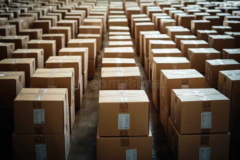 A Large Warehouse Filled with Lots of Cardboard Boxes Stock Photo ...