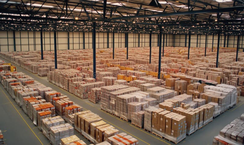 Large Warehouse Filled with Neatly Organized Stacks of Boxes and ...