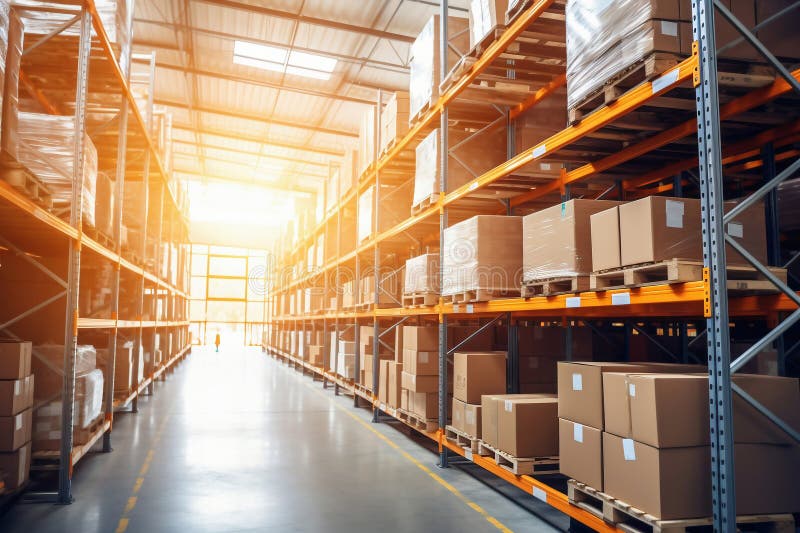 A Large Warehouse Filled with Neatly Stacked Boxes. Selective Focus ...