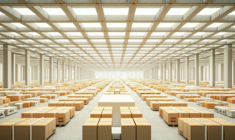 Large Warehouse Filled with Neatly Stacked Cardboard Boxes and Bright ...