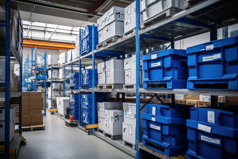 A Large Warehouse Filled with Neatly Stacked Plastic Containers and ...