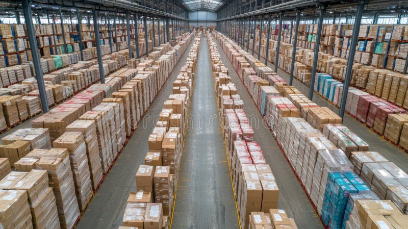 Large Warehouse Filled with Organized Rows of Stacked Boxes and Goods ...