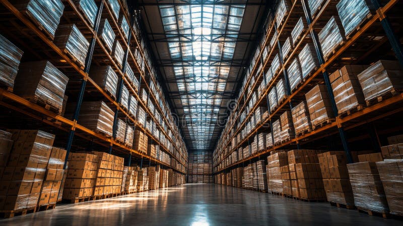 Large Warehouse Filled with Rows of Stacked Boxes and Organized ...