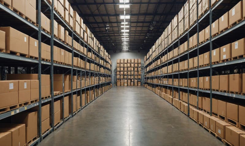A Large Warehouse Filled with Stacked Boxes on Shelves Stock Photo ...