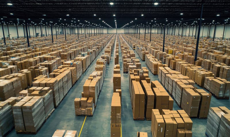 Large Warehouse Filled with Stacked Cardboard Boxes, Organized Rows ...