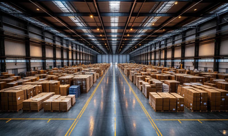 Large Warehouse Filled with Stacked Cardboard Boxes and Organized ...