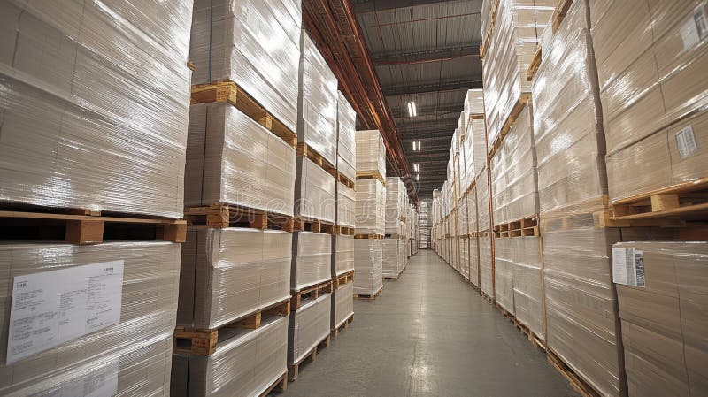 A Large Warehouse Filled with Stacked Pallets, Various Boxes Organized ...
