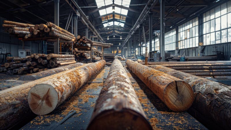 Warehouse full of logs stock image. Image of interior - 376643855