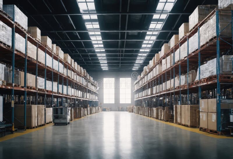 Large Warehouse Full of Packed Boxes with Big Exit at the End of ...