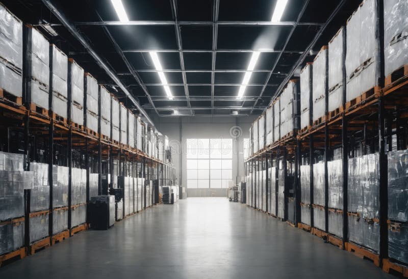 Large Warehouse Full of Packed Boxes with Light Exit at the End of ...