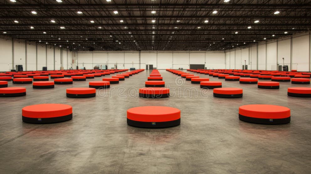 A Large Warehouse with a High Ceiling and Red Circles on the Floor ...